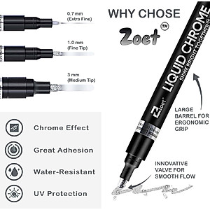 ZOET 3PK Mirror Chrome Marker Chrome Pen | Chrome Paint for Any Surface | Chrome Marker Paint Pen for Repairing, Model Painting, Marking or DIY Art Projects| Permanent Liquid Mirror (0.7|1|3mm Tips)