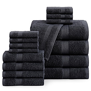 LANE LINEN 16 Piece Bath towels - Black Towels - 100% Cotton Towels for Bathroom, Luxury Bath Towels, Highly Absorbent Bathroom Towel Set, 4 Bath Towels, 4 Hand Towels, 8 Wash cloths - Black