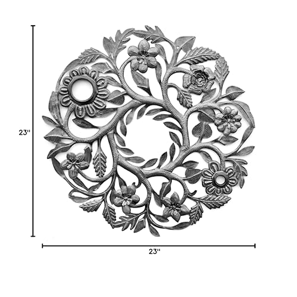 Front Door Metal Wreath with Flowers and Branches, Garden Wall Hanging Lid Sculpture, Handmade in Haiti 23 in. x 23 in.