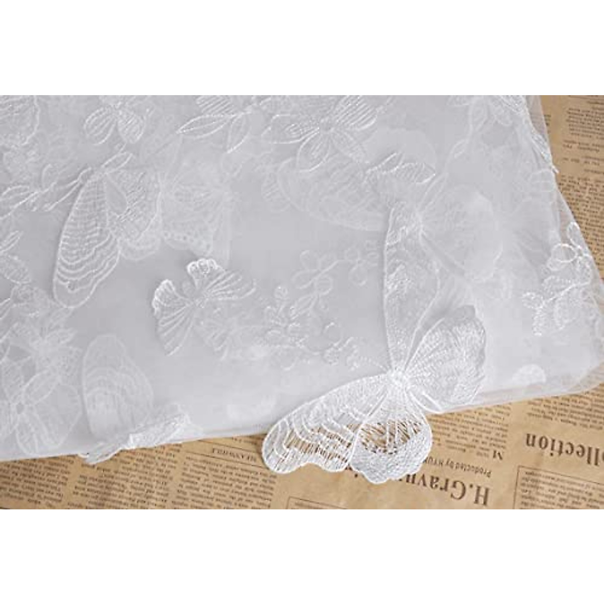 51" Width 3D Vivid Butterfly Lace Fabric Exquisite Flower Embroidery Soft Tulle Lace Fabric for Wedding Bridal Lace Dress Party Dress Home Decor (3 Yard, White Mesh+White Butterfly)