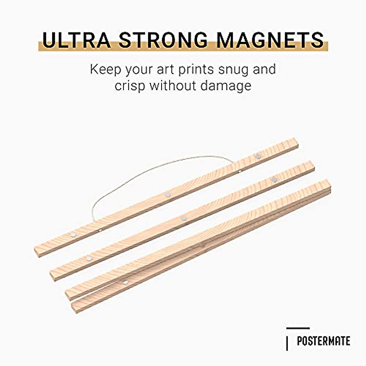 PosterMate Magnetic Poster Frame Hanger, 16 inch, 20 inch, 24 inch, Birchwood, Hang Canvas Print Artwork Wall Poster Frame Wood Wooden Magnet Print Posters Dowel Scroll Hanger Hangers Hanging Kit for Walls Map Canvas Artwork