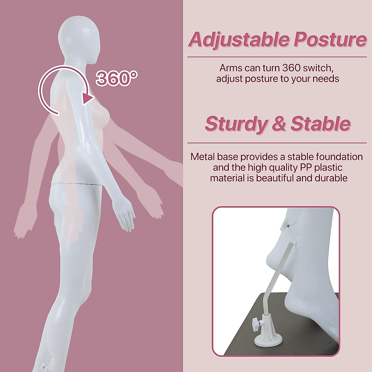 Female Mannequin Full Body 69" High Adjustable Realistic Manikin Torso with Metal Base for Display Women, Plastic Head Turns Poseable Mannequin Stand, White