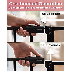 InnoTruth 28.9-42.1" Wide Baby Gate for Stairs, 30" Tall Dog Gates for Doorways Expandable One-Hand Open, Easy Walk Through Dual Lock Metal Pet Gates for Dogs, Black-Family & Mom's Choice Award Winner