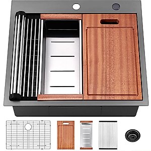 25x22 Inch Black Stainless Steel Drop in Kitchen Sink, CELAENO Heavy Duty Handcrafted 16 Gauge 10 Inch Deep Kitchen Sink Workstation, R10 Radius Topmount Single Bowl Kitchen sink with Build in Ledge