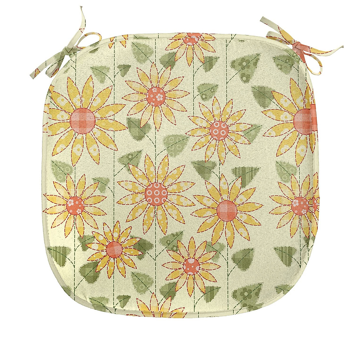 Ambesonne Sunflower Chair Seating Cushion Set of 6, Floral Nature Pattern in Patchwork Style Rustic Country Design, Anti-Slip Seat Padding for Kitchen & Patio, 16"x16", Olive Green Orange