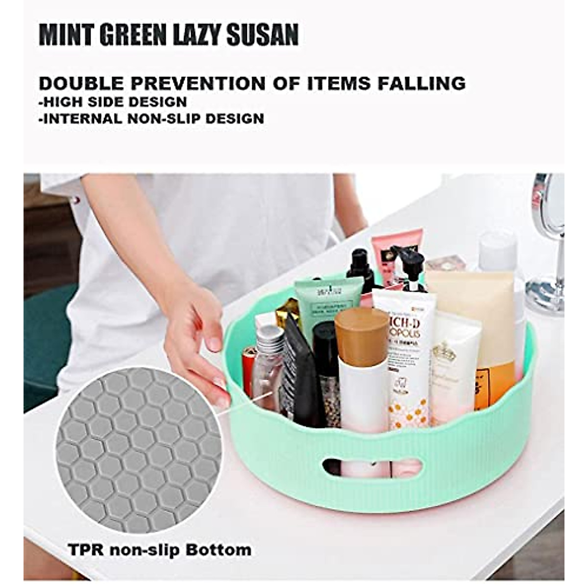 Lazy Susan Set of 2, Turntable Organizer Containers, Cabinet Pantry Organizer, Rotating Spice Rack for Kitchen, Fridge, Countertop, Bedroom, Home Office, Bathroom, Size 11.5" and 9.5"(Mint Green)