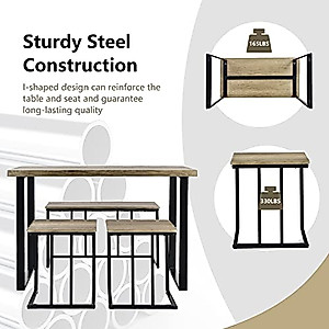 COSTWAY 4 Piece Dining Table Set, Modern Counter Height Kitchen Table Set for 4 w/Bench & 2 Stools, Sturdy Iron Structure, Space-Saving Dining Table and Chair Set for Home Pub Breakfast, Oak Grey