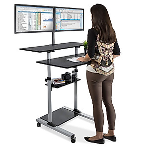 Mount-It! Mobile Standing Desk with Dual Monitor Mount - 40 Inch Wide Height Adjustable Rolling Computer Workstation with Four Wheels,