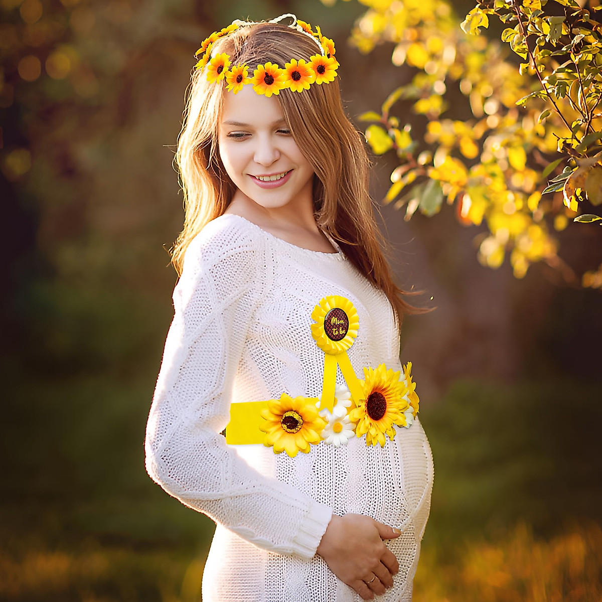 R HORSE Sunflower Maternity Sash Mom to Be & Daddy to Be Corsage Wreath Headdress Decoration Spring Summer Baby Shower Kit Party Favors Baby Boy Pregnancy Photo Prop Gift