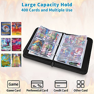 Card Binder 400 Cards Capacity with 50 Removable Sleeves, Collector Trading Card Binder 4-Pocket Storage Holder Album Book Portable Carrying Case for TCG
