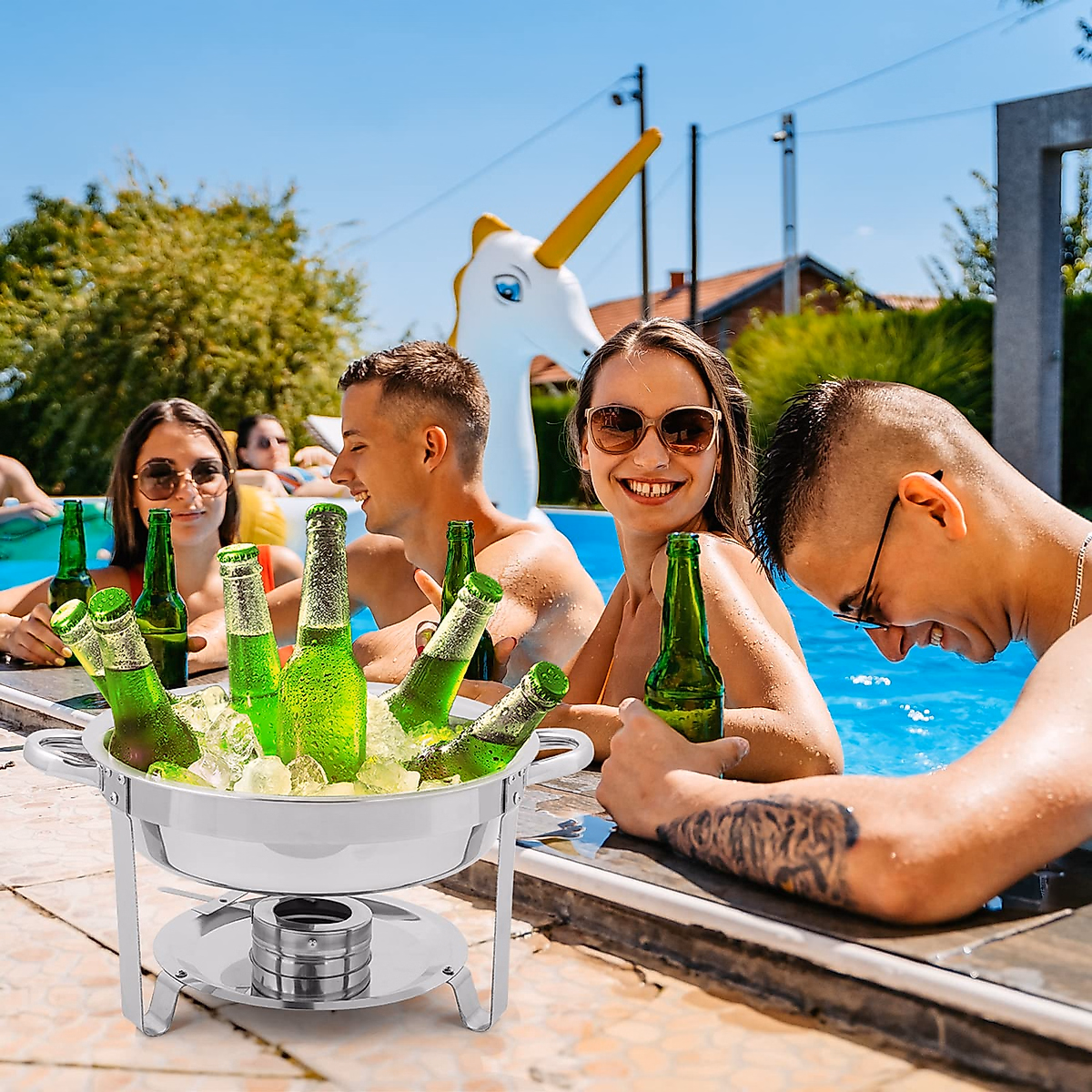 ROVSUN 5 Qt 4 Pack Chafing Dish Buffet Set,NSF Stainless Steel Round Chafers for Catering, Buffet Servers and Warmers Set with Lid Holder & Drip Tray for Wedding Party Banquet Graduation