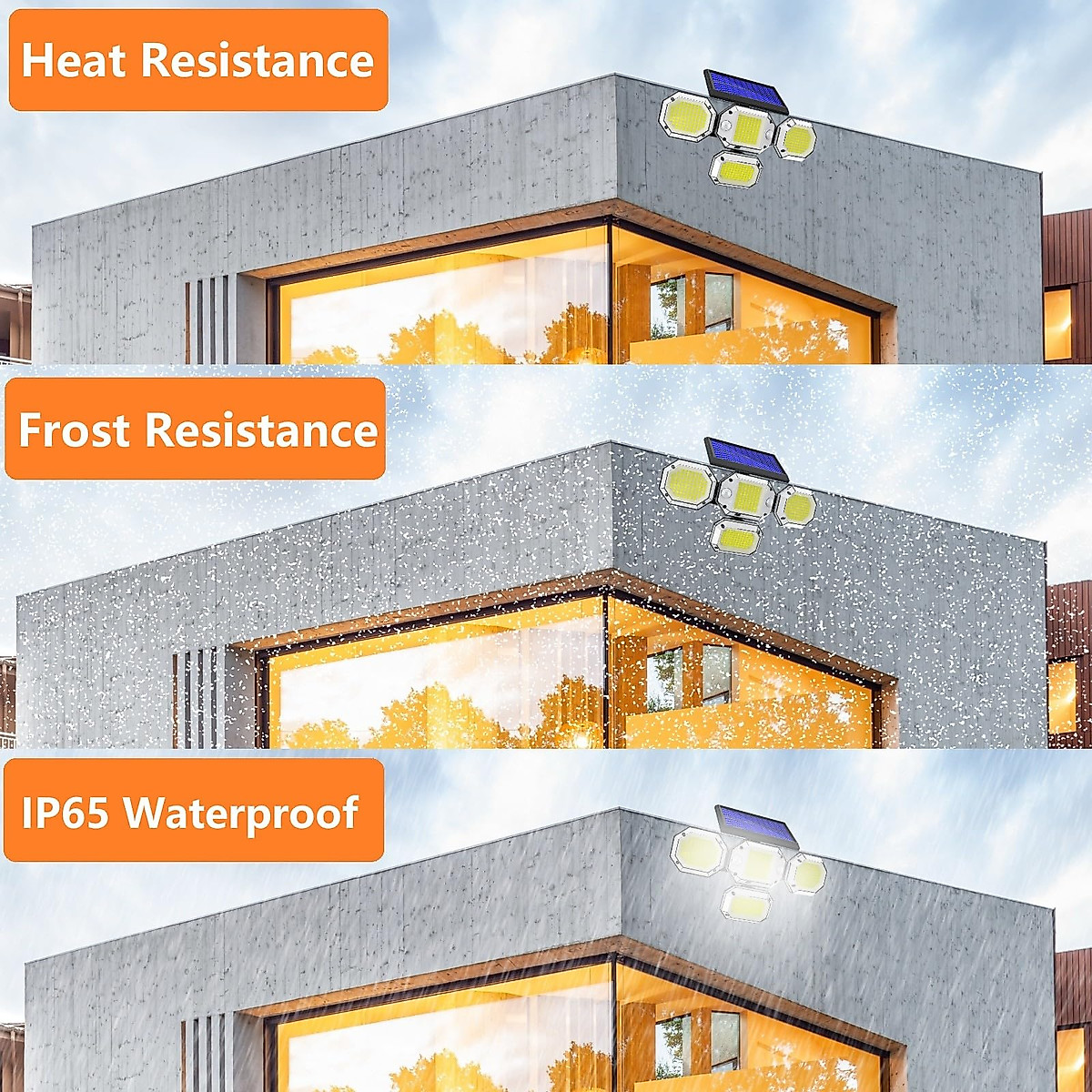 306 LED Solar Flood Light Security with Two PIR Motion Sensors IP65 Waterproof 4 Heads 3100Lum with Adjustable Spot Wall Light Garden Lighting (1Pack)