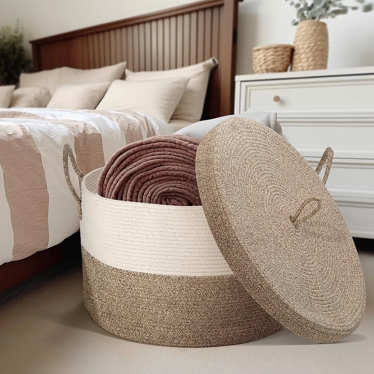 noonkty Blanket Basket, 21.7"X21.7"X13.8" Cotton Rope Basket, XXL Large Basket with Handle, Blanket Basket Living Room, Stuffed Toy Basket, Laundry Basket, Storage for Towels Pillow, Brown (with Lid)