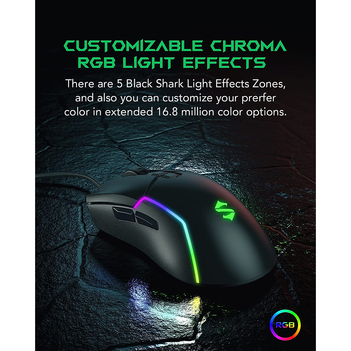 Black Shark Gaming Mouse Wired, USB Computer Ergonomic Mouse with 7 Adjustable DPI Up to 10,000, 7 Programmable Buttons, 5 Modes RGB Backlight, Optical Gamer Mice for Windows PC Laptop Mac