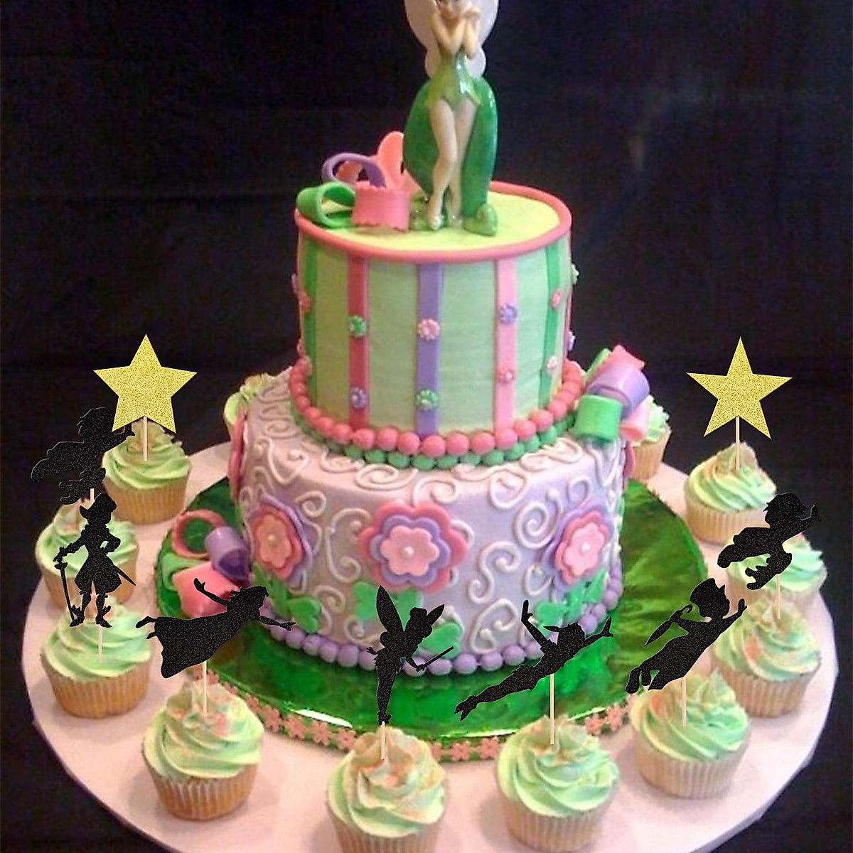 24 PCS Peter Pan Cupcake Toppers Glitter Star Do Not Grow Up Night Fairy Tales Neverland Elf Girl Cupcake Picks for Baby Shower Birthday Party Cake Decorations Supplies Gold Black