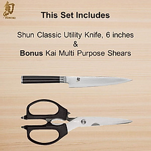 Shun Cutlery Classic Utility Knife 6" and Kai PRO Multi-Purpose Kitchen Shears Set, Handcrafted Japanese Kitchen Knives & Shears