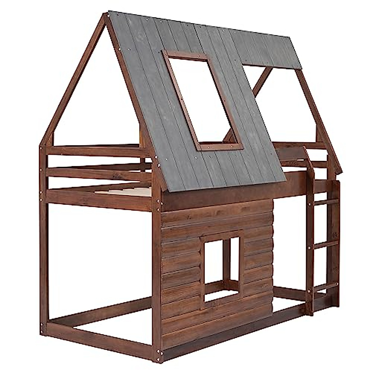Merax Twin Over Twin Bunk Bed Wood Frame with Roof, Ladder and 2 Windows for Kids Teens Girls Boys，Oak & Smoky Grey