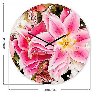 Soul Décor Pink Lilys Flowers Wall Clock, Silent Non-Ticking, Battery Operated Kitchen Clock, Aluminum Composite Face, Suitable for Offices, Bedrooms, and Bathrooms 12 Inch Round