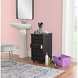 Pemberly Row Mid Century Six Drawer Wood Rolling Storage Cart in Black