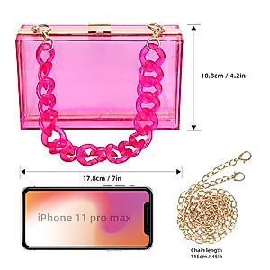 WJCD Women Clear Purse Acrylic Box Clutch Handbag, Small Transparent Crossbody Evening Bag Stadium Approved Gold Chain Strap (Purple 2 chains)
