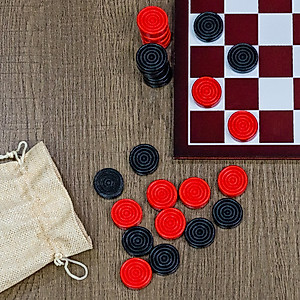Attatoy Black & Red Carved Stackable Wooden Checkers (24 Pieces); with Drawstring Cloth Storage Bag