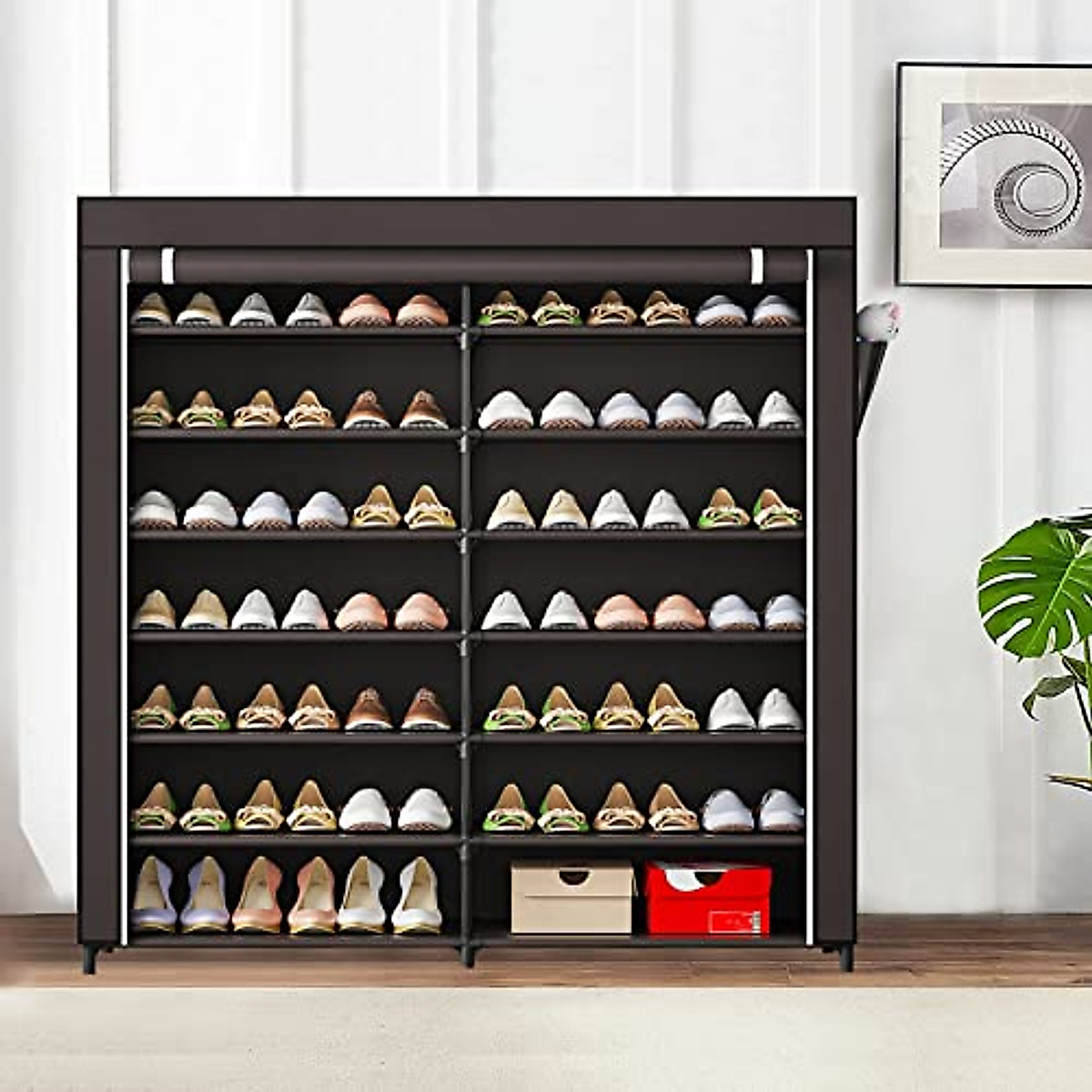 LINZINAR Shoe Rack Storage Organizer 42 Pairs Portable Double Row with Nonwoven Fabric Cover Shoe Cabinet for Closet (7 Tier, Coffee)