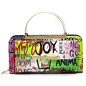 Multicolor Graffiti Printed Cell Phone Purse Wallet Smartphone Crossbody Wallet Travel Multifunction Phone Case Wristlet (#D-Multi2(GN/PK))