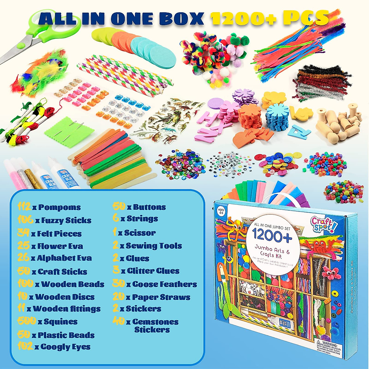 Craft Spot! Art and Craft Supplies for Kids, All in One DIY Crafting Collage Arts Set with Exquisite Gift Box, Craft Art Supply Kit for Toddlers Age 4 5 6 7 8 9