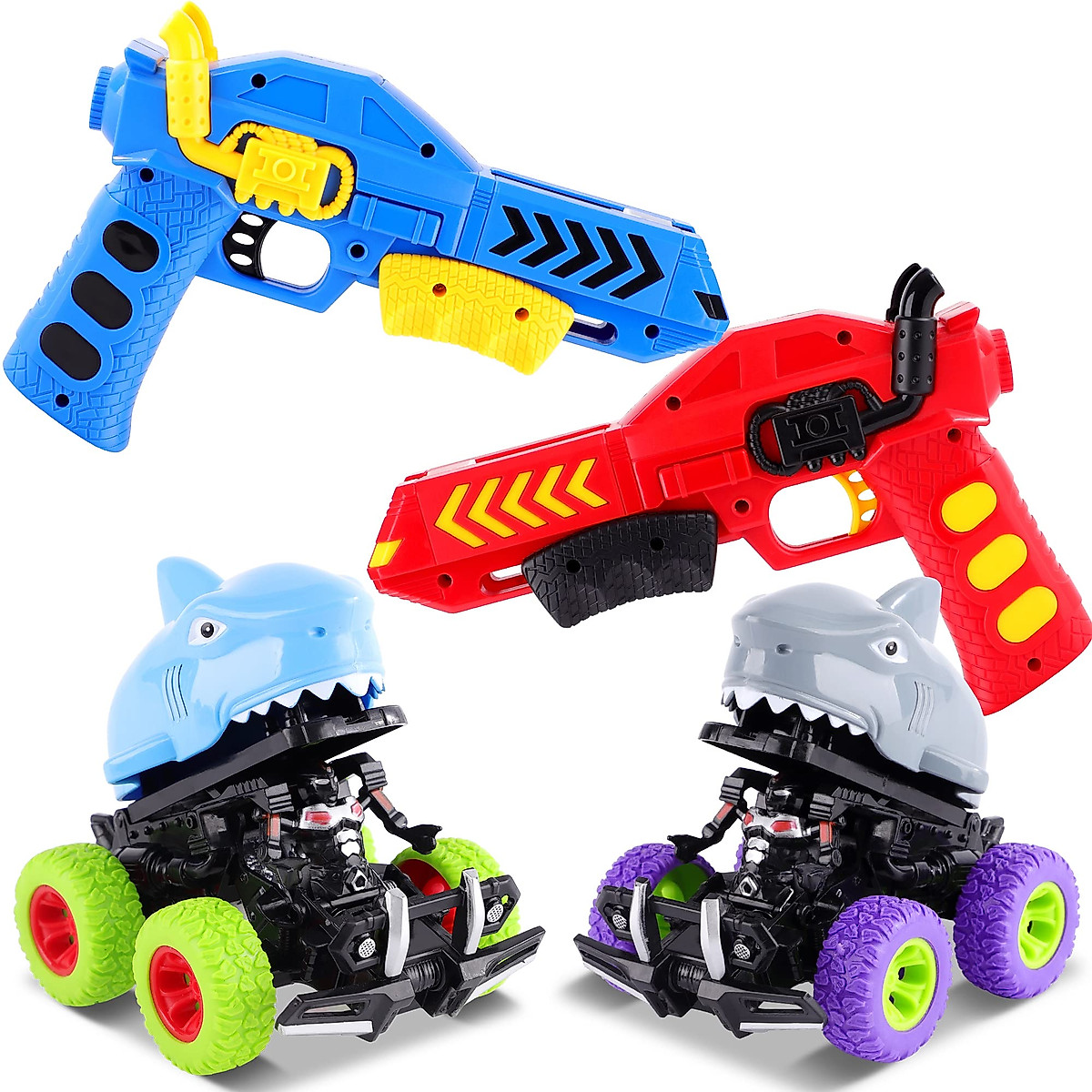 FiGoal Two Pack Shark Cars with Toy Gun Launchers Monster Toy Trucks, Friction Powered Toy Cars Vehicles for Boys and Toddlers Games Toys Gifts for Birthday
