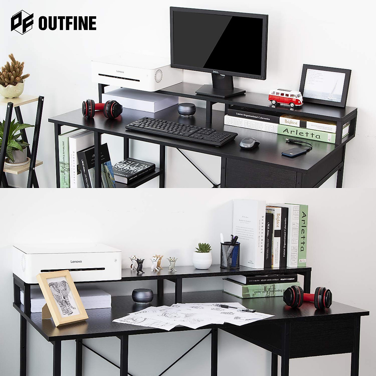 OUTFINE Desk Computer Desk Office Desk with Wodden Drawer, Monitor Stand and Storage Shelves
