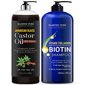 Majestic Pure Jamaican Black Castor Oil (16 oz) and Vegan Collagen Biotin Shampoo (16 oz) Bundle