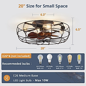LEDIARY 20" Caged Ceiling Fans with Lights and Remote, Flush Mount Bladeless Ceiling Fan Low Profile, Small Farmhouse Industrial Enclosed Ceiling Fan with Light for Bedroom, Kitchen, Indoor