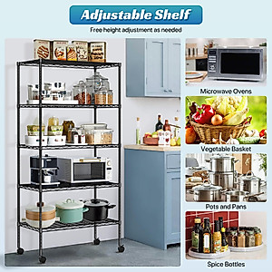 WYGMAV 5-Tier Wire Shelving Unit Adjustable Metal Storage Shelving Commercial Storage Shelves with Wheels Heavy-Duty Metal Storage Rack for Pantry, Restaurant, Garage, Kitchen, Black