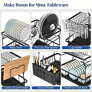 Dish Drying Rack, 2-Tier Dish Drying Rack with Drainboard Set, Black Metal Dish Rack Plate Rack for Kitchen Counter, Dish Drainer with Utensil & Cutlery Holder - Space-Saving Organizer for Countertop
