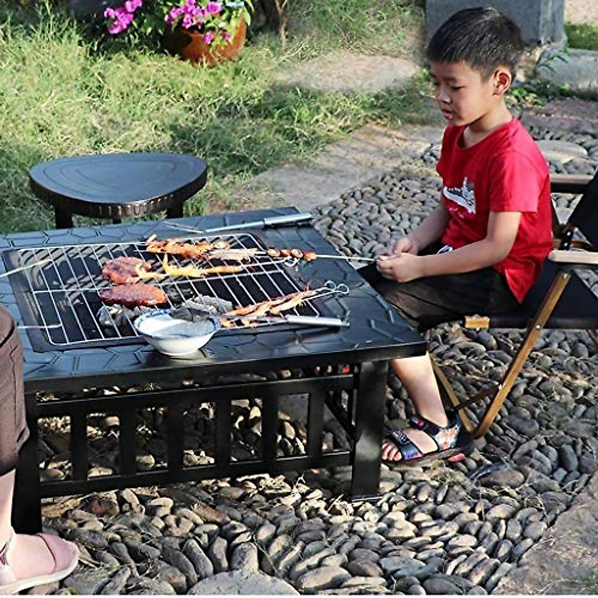 LEAYAN Garden Fire Pit Portable Grill Barbecue Rack Propane Fire Pit, Outdoor Metal Brazier Square Table Multi-Purpose Square Fireplace Garden Patio Heater for Party for Camping Backyard