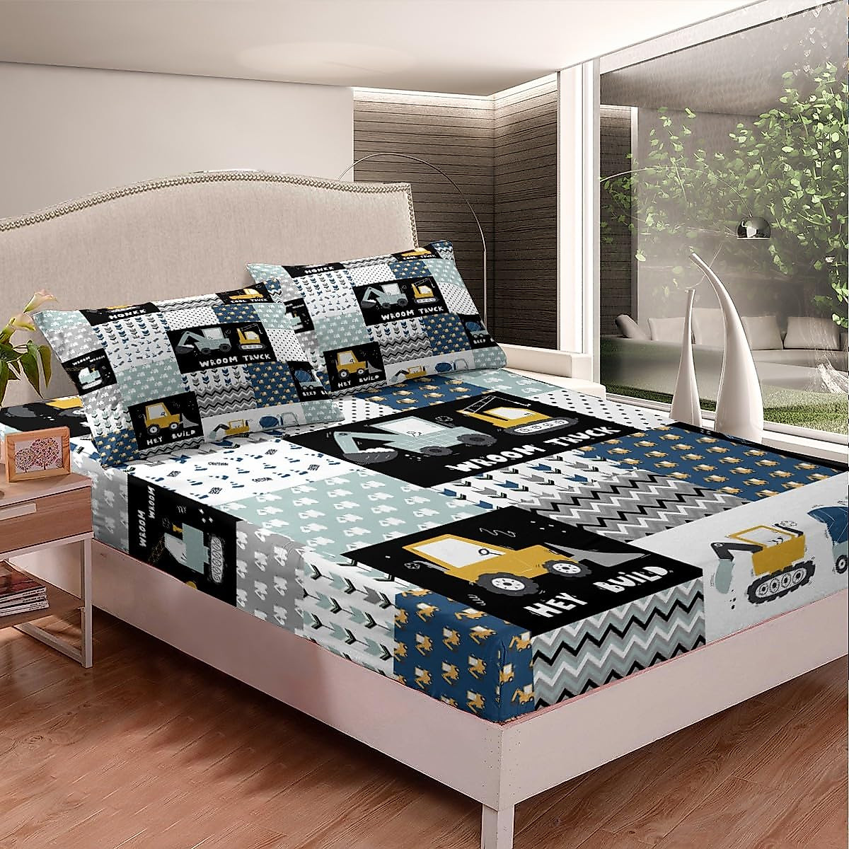 Cartoon Car Sheets with Deep Pocket Fitted Sheet Full Size for Boys Girls, Construction Car Bed Sheets Set Geometric Buffalo Construction Vehicles Sheet Set Excavator Construction Bedding Set