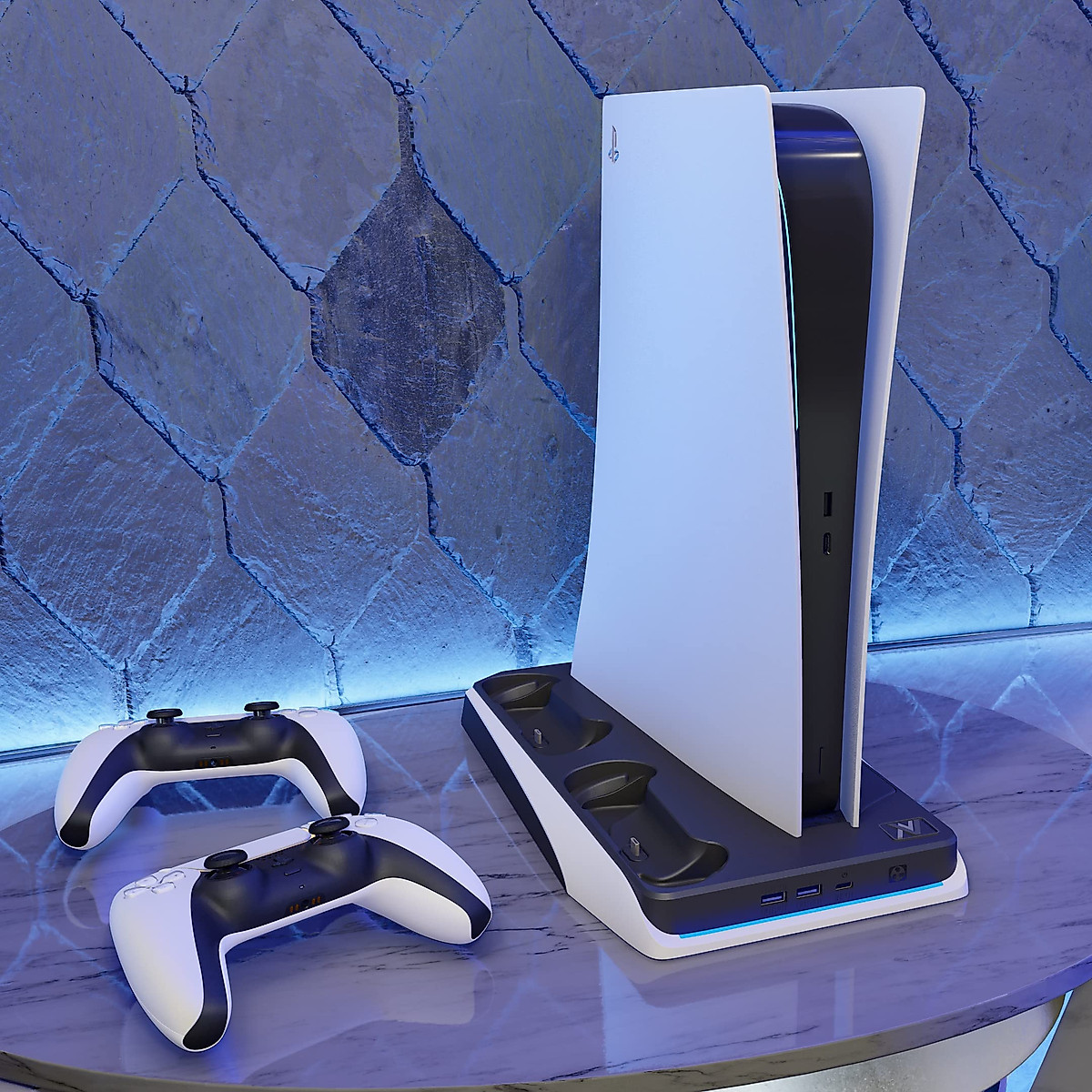 PS5 Cooling Fan Charging Docking Station, 4 in 1 Playstation Stand, Controller Charger, Cool Fan and Games Storage Tray for PS5 Console, Disk and Digital Version (White/Black)…