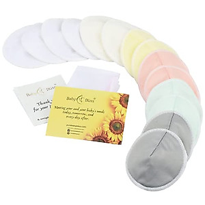 Organic Bamboo Nursing Pads - 14 Washable Pads with Wash and Storage Bags - Breastfeeding Nipple Pads for Maternity - Reusable Breast Pads for Breastfeeding (Pastel Touch, Large 4.7”)