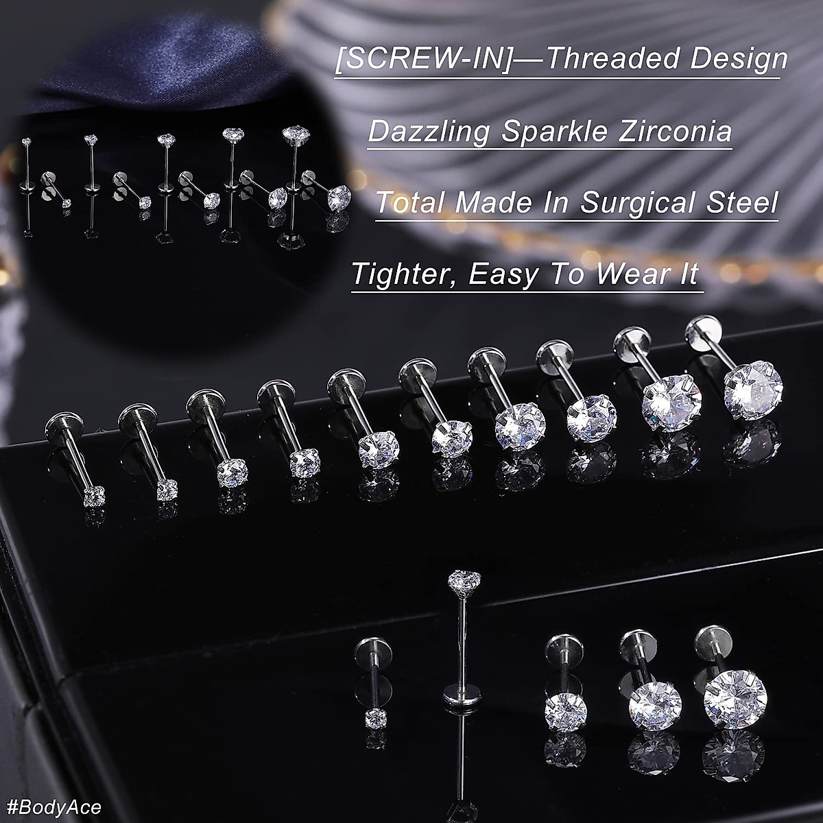 BodyAce 16G 18G Lip Studs Labret Ring, Nostril Stud Nose Rings for Women, Stainless Steel Medusa Helix Tragus Piercing Jewelry with Piercing Taper & Discs [1.0mm=18G,4/5/6mm CZ;L:10mm]