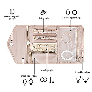 BAGSMART Travel Jewelry Organizer Roll Foldable Jewelry Case for Journey-Rings, Necklaces, Bracelets, Earrings, Soft Pink
