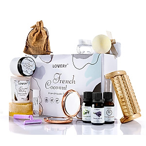 Christmas Bath Gift Set, 20pc French Coconut Aromatherapy Spa Gift Basket for Women & Men Self Care Package Spa Kit, Handmade Gift Box, Body Oils, Organic Lip Balm, Bath Bomb, Spa Gifts for Birthday