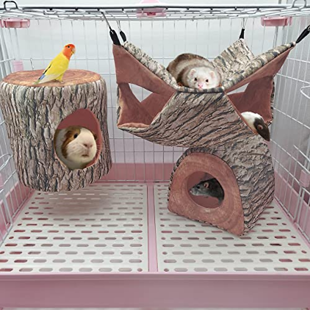 EAEDMY Guinea Pig Rat Ferret Tree Hole Bed and Hammock Tunnel, Ferret Hanging Bunk Bed Hammock, Parrot Bird Tree Hole, Small Animals Hideout and Soft Bed (1.Tree Hole Bed and Hammock)