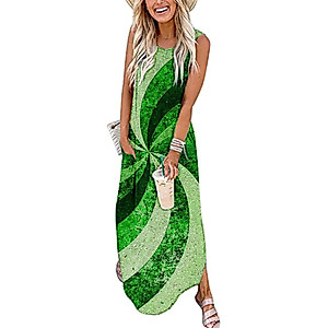 Long Maxi Dresses for Women Summer Women Casual Printing Loose Sundress Long Dress Crisscross Sleeveless Split Maxi Green