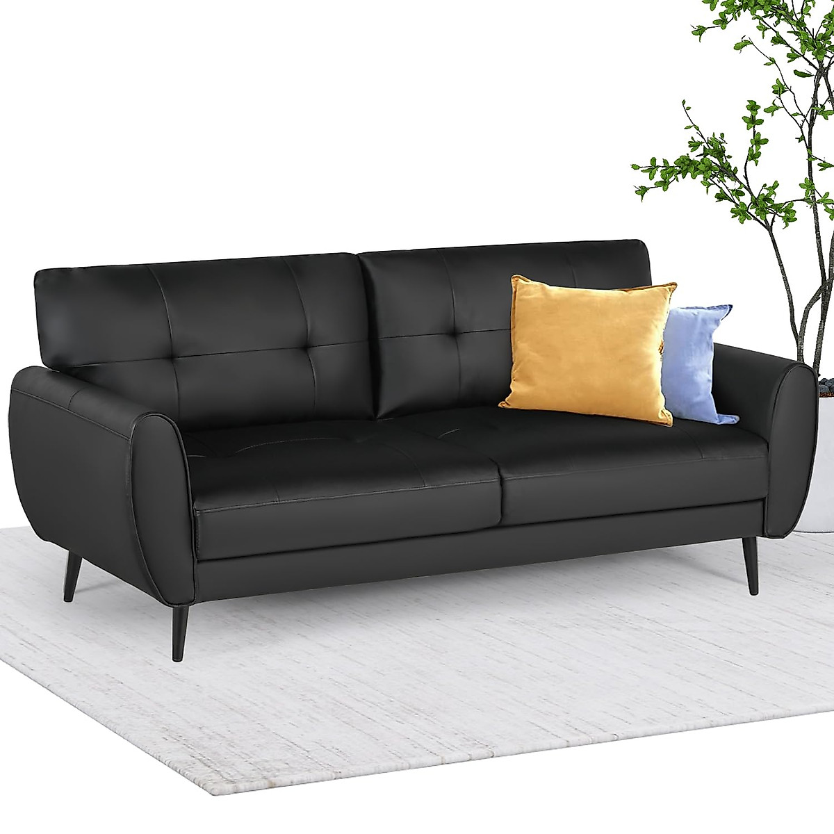 VAMEPOLE Sofa Couch, 61" Leather Loveseat Sofa for Living Room, Mid Century Mini Black Couch, Tufted Faux Leather Love Seat, Comfy Office Sofa 2 Seat, Small Couches for Small Spaces, Bedroom(Black)