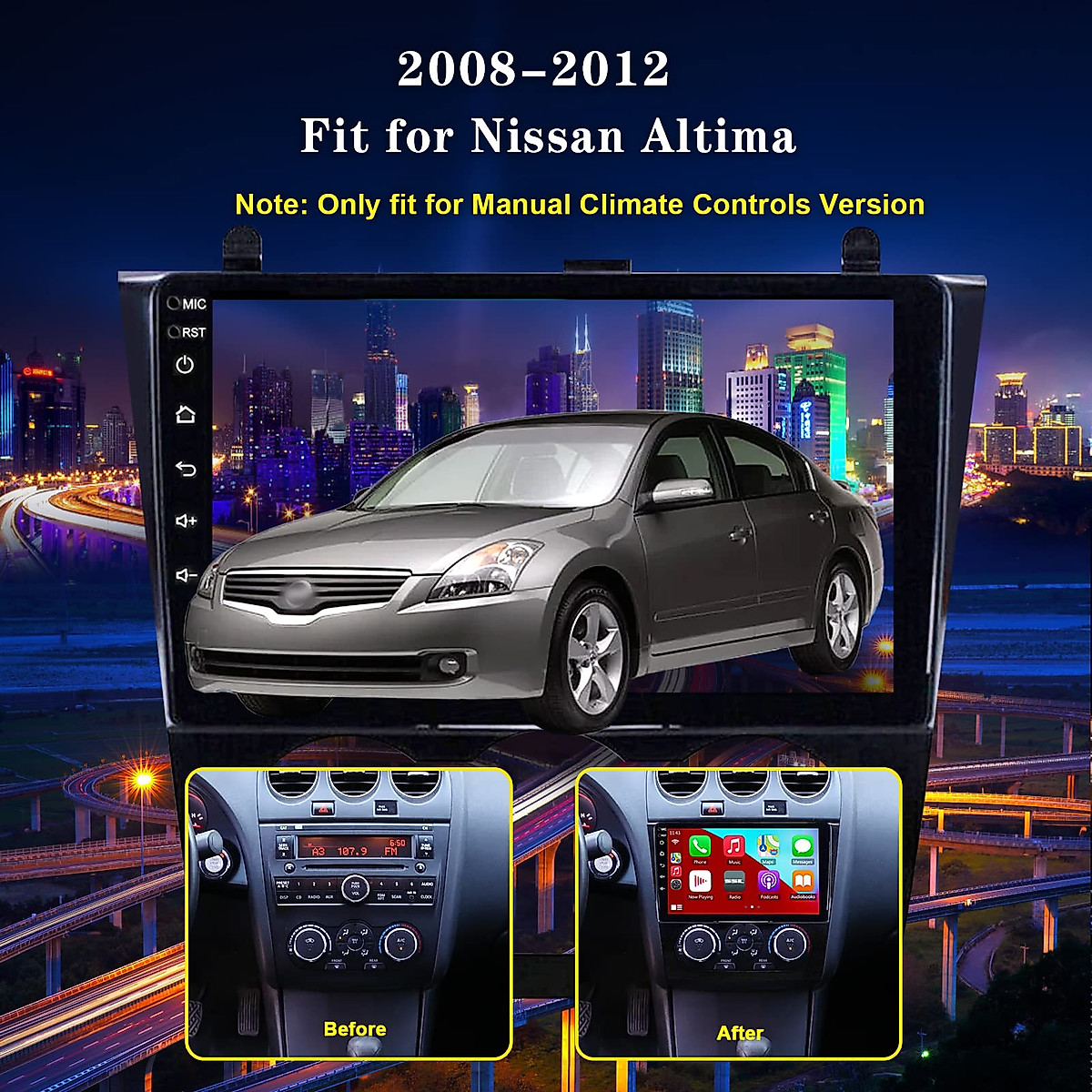 Wizanic 9 Inch HD Touchscreen Android 12 Car Stereo for Nissan Teana Altima 2008-2012 Manual A/C Car Radio Apply CarPlay with GPS Navigation Bluetooth Wi-Fi FM USB