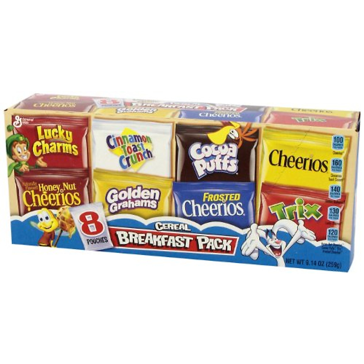 General Mills Breakfast Cereal Variety Pack, Lucky Charms, Cinnamon Toast Crunch, and Cheerios Varieties, Single Serve Snacks, 9.14 oz (8 Pouches)