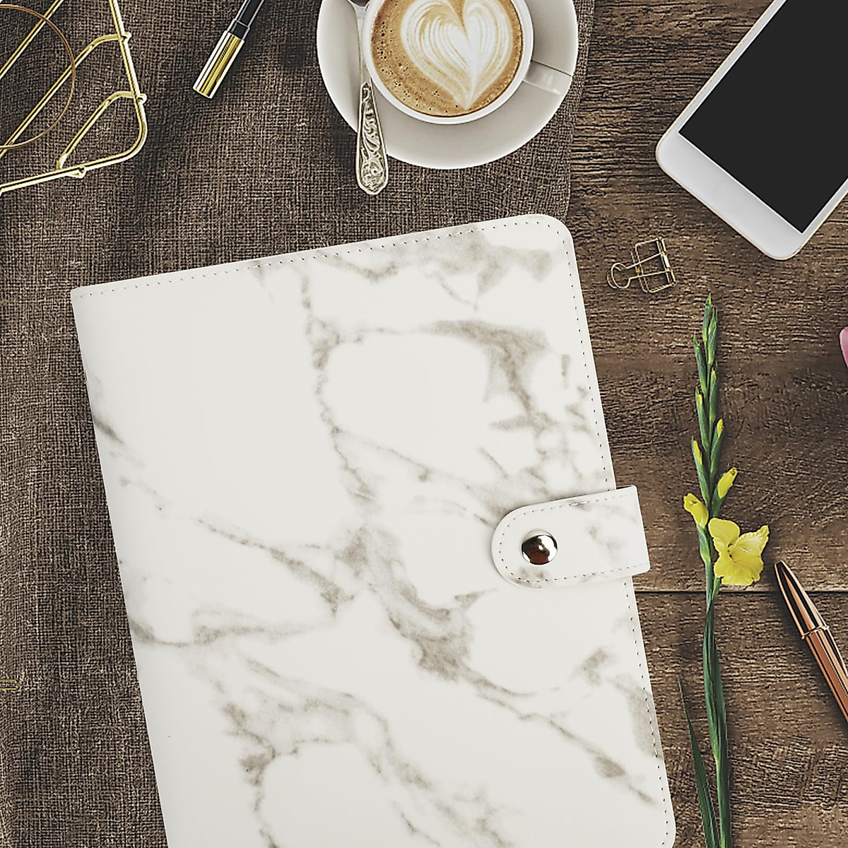 Colorlife A5 PU Leather Binder 6-Ring Notebook Binder with Refill Paper and Magnetic Buckle for 6 Hole A5 Filler Paper-Marbling White