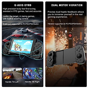 Joso Phone Controller for iPhone/Android/PC, D6 Wireless Game Controller for Switch/PS3/PS4 with Hall Joystick/Turbo/6-Axis Gyro/Dual Motor, iOS Android Controller Support Cloud Gaming/Remote Play