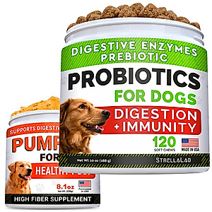 Probiotics + Pumpkin for Dogs Bundle - Allergy, Gas, Diarrhea + Constipation, Food Sensitivity, Scoot - Digestive Enzymes + Prebiotics + Pure Pumpkin Powder - Immunity - 120ct + 8.1oz - Made in USA