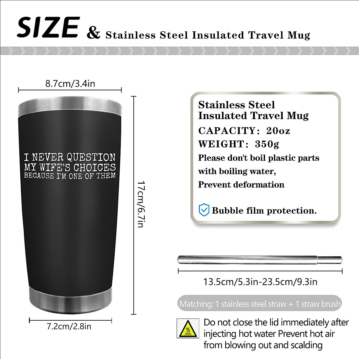 YFKFYTG Coffee Tumbler 20 oz I Never Question My Wife's Choices Tumbler with Lid and Straw Insulated Tumblers Stainless Steel Tumbler